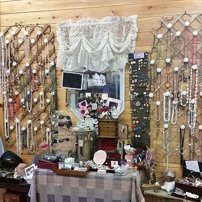 The jewelry display transforms ordinary accessories into treasure-hunt finds – one person's forgotten necklace becomes another's statement piece.
