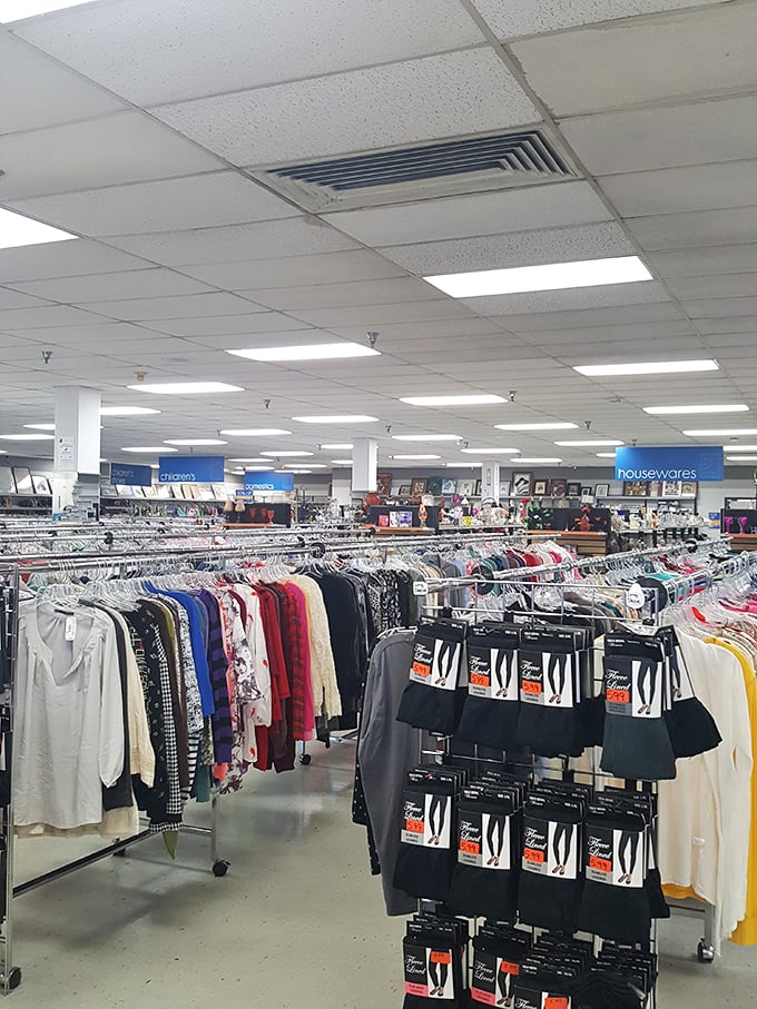 The clothing wonderland stretches as far as the eye can see, with racks upon racks of potential treasures waiting for their second chance at fashion stardom.