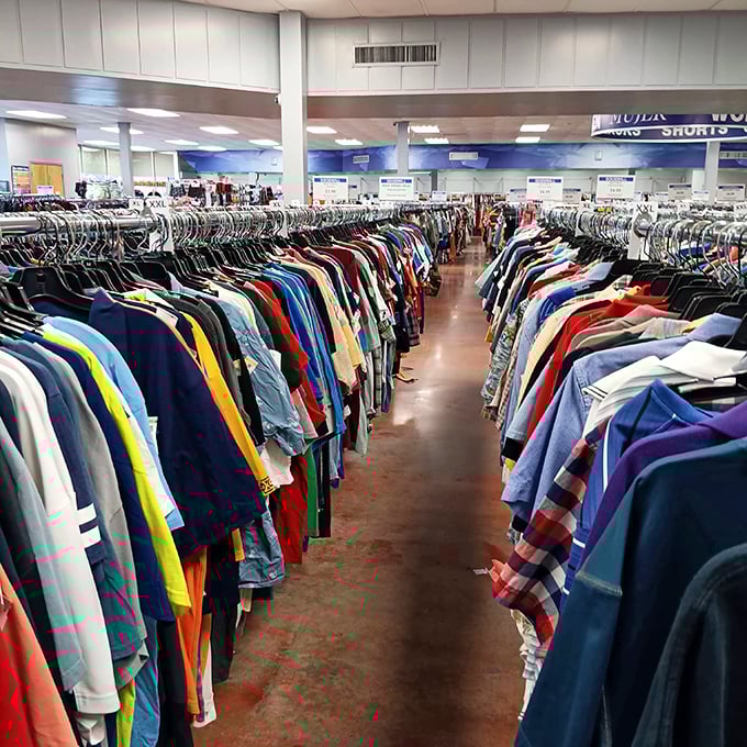 The men's clothing section stretches into the horizon like a rainbow of possibilities – each shirt with its own mysterious backstory.