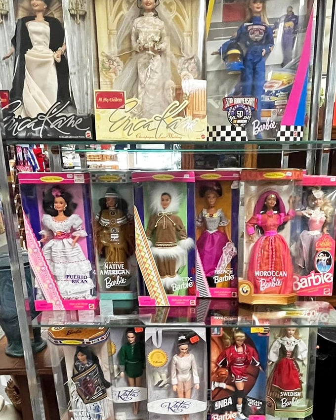 The Barbie United Nations—where dolls from every era and culture stand frozen in plastic perfection, waiting for their next adventure.