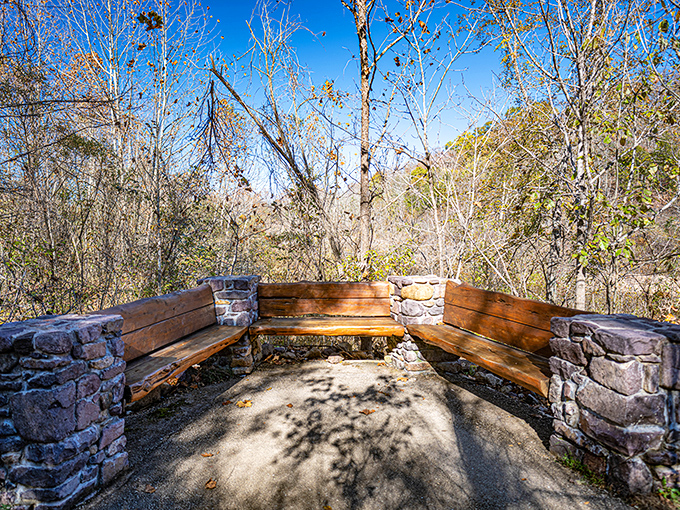 Stone benches positioned perfectly for contemplating life's mysteries or just enjoying your sandwich in scenic silence.