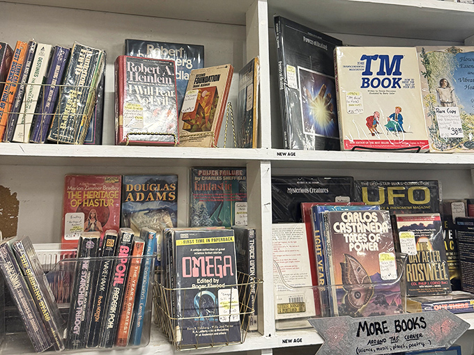 A sci-fi lover's literary dream – Douglas Adams rubbing spines with Robert Heinlein. Books that predicted our future from decades past.