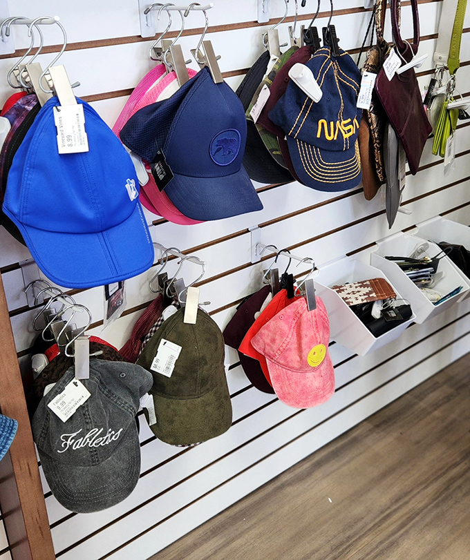 Baseball caps galore! From NASA to vintage sports teams – headwear that tells your life story without saying a word.