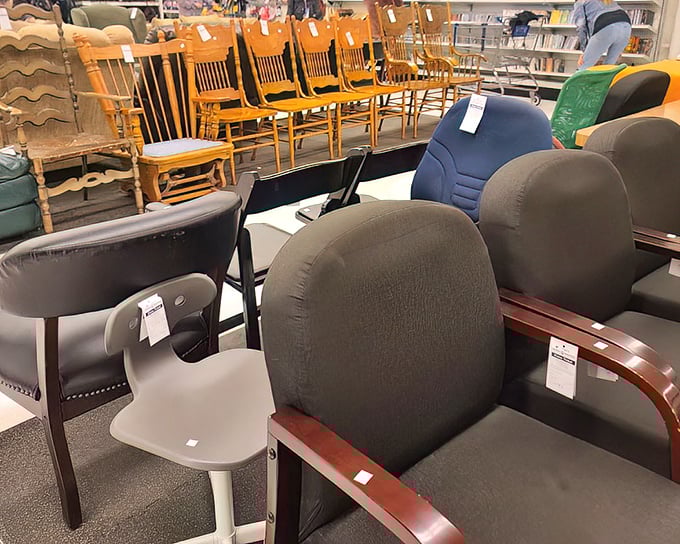 The chair lineup: from office task chairs to dining room classics. That wooden rocker has probably witnessed countless bedtime stories.