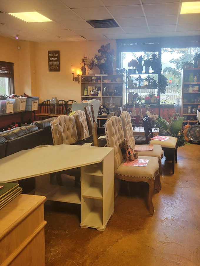 Elegant tufted chairs surrounding a pristine white desk—the kind of furniture find that makes you text friends: "You won't believe what I just scored!"