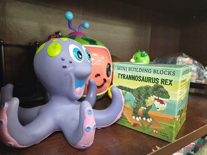 This colorful octopus toy and dinosaur building kit represent the thrift store circle of life—gently loved, temporarily abandoned, now awaiting their next adventure.