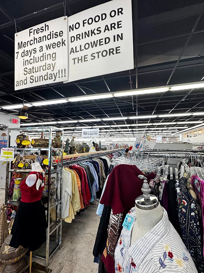 "No food or drinks" warns the sign above racks of clothing. The men's section offers everything from casual tees to "job interview" blazers.