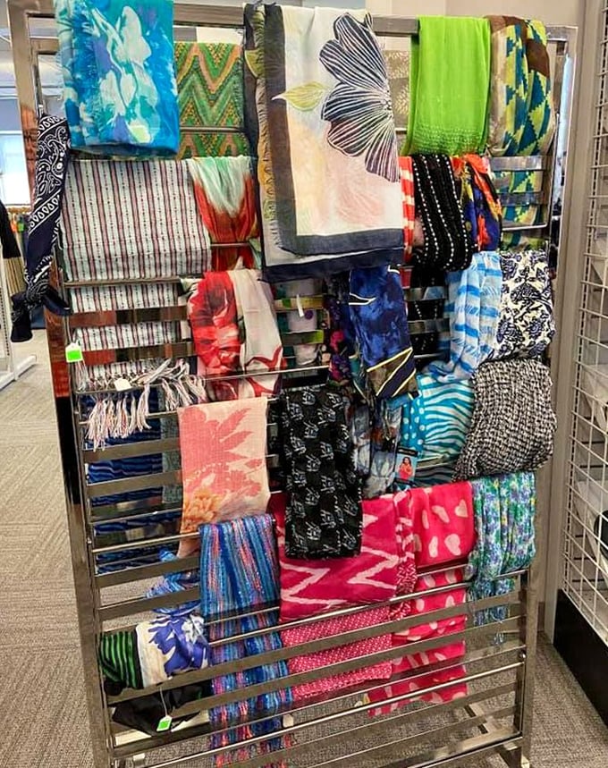 A kaleidoscope of scarves that would make Joseph and his technicolor dreamcoat green with fabric envy.