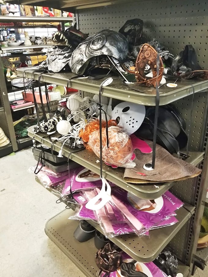 Halloween every day? This shelf of masks and oddities could furnish your next costume party or avant-garde living room installation.