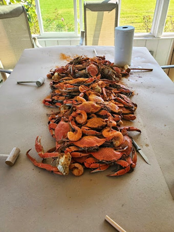 The aftermath of a proper Maryland crab feast looks like a delicious crime scene – evidence of a good time had by all.