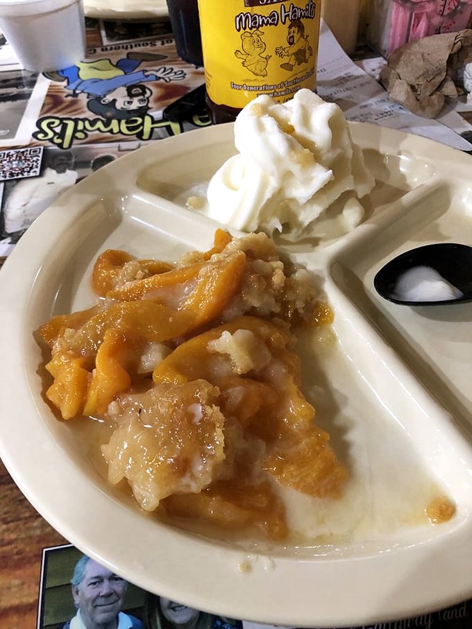 Peach cobbler with ice cream melting into warm, buttery crevices—the kind of dessert that makes you consider licking the plate when nobody's looking.