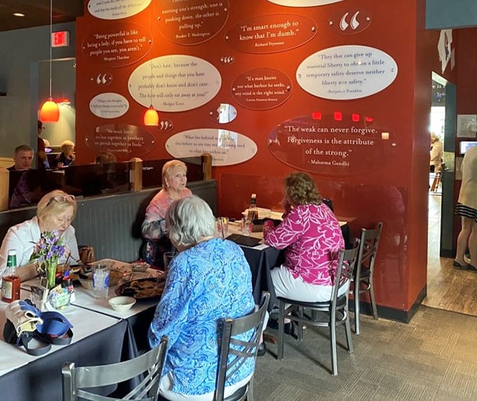 The walls speak volumes with famous quotes that give diners food for thought while they enjoy thought-worthy food.