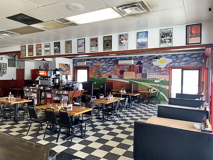 The dining area's mural celebrates Columbus while vinyl records line the walls—a feast for the eyes before the feast for your stomach.