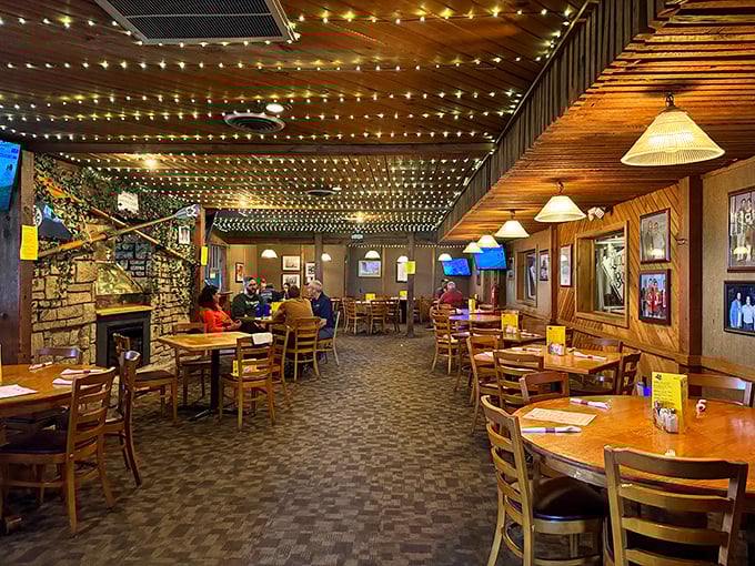 String lights, wooden beams, and the promise of good times. The dining room has that "everyone's welcome" vibe that defines great American eateries.