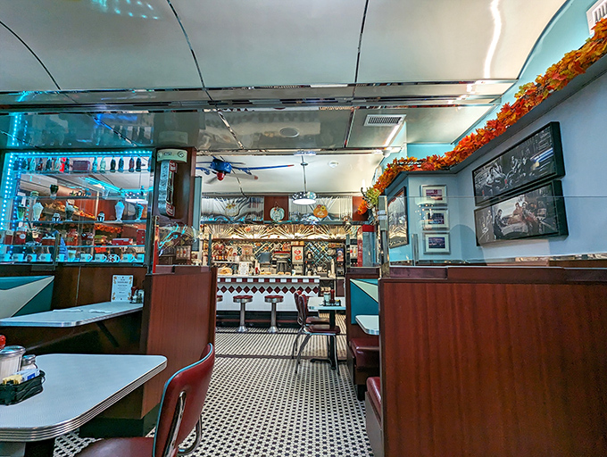 Classic diner aesthetics with a dash of holiday spirit. The counter beckons with the promise of coffee refills and friendly conversation.