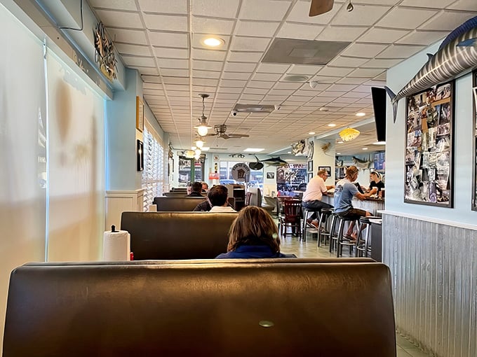 The dining area feels like the living room of that friend who's always talking about their fishing trips – because they actually go on them.
