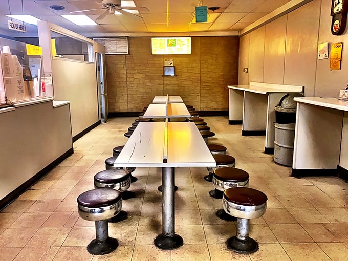The dining area speaks volumes: "We're not here for the ambiance, folks. We're here for serious donut business."