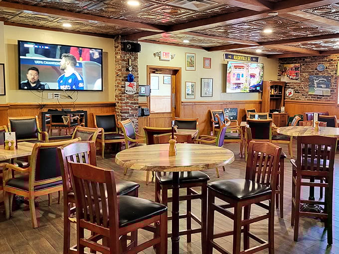 The dining area strikes that perfect balance—comfortable enough to linger over another pint, with TVs strategically placed for catching the match.