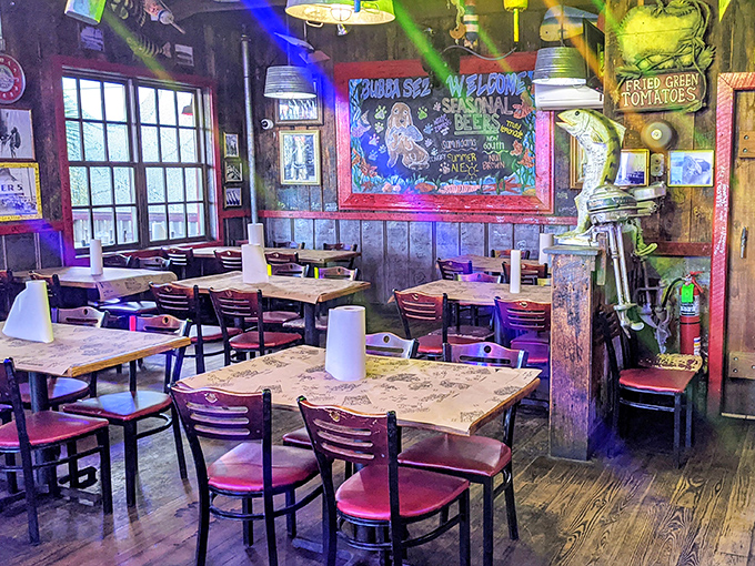 The dining room feels like your eccentric uncle's fishing cabin—if your uncle were an amazing cook with a flair for nautical decor.