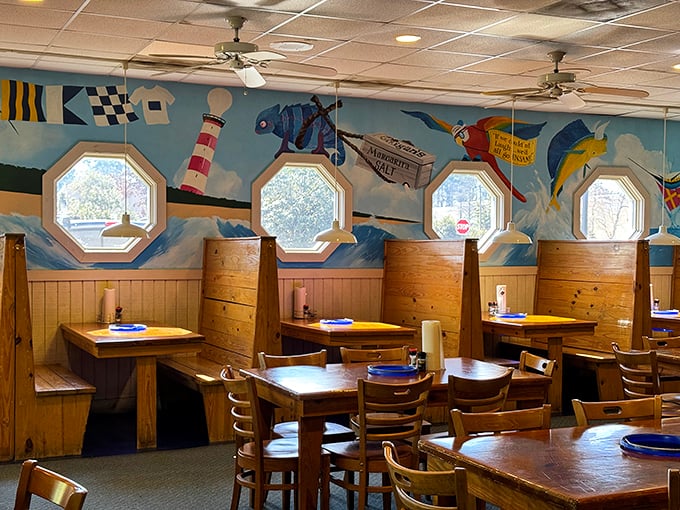 Wooden booths and ocean-themed murals create the perfect backdrop for seafood indulgence. Like dining in a fisherman's daydream.