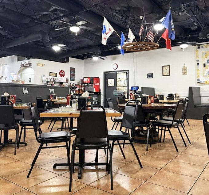 Simple tables, practical chairs, and the promise of good food. In the cathedral of breakfast, this is where the faithful gather.