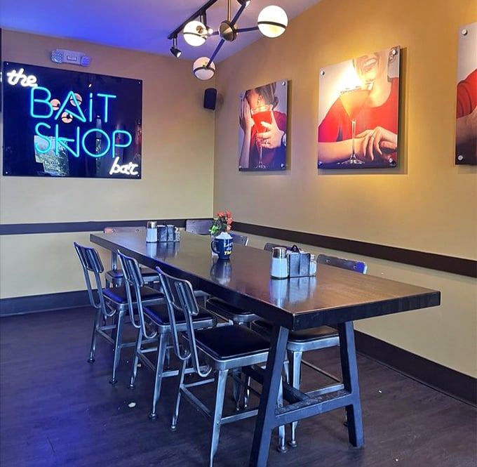 Not just a dining area—a gathering space where memories are made. That neon "Bait Shop" sign isn't just decor; it's a conversation starter.