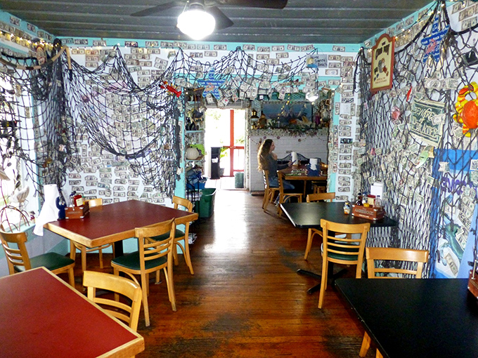 Fishing nets and dollar bills adorn walls in this no-frills dining area where the focus is squarely on what matters most – incredibly fresh seafood.