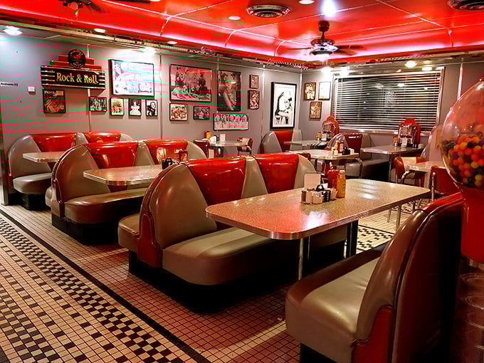 Rock and roll meets breakfast rolls. The red vinyl booths and vintage memorabilia create the perfect stage for morning dining drama.