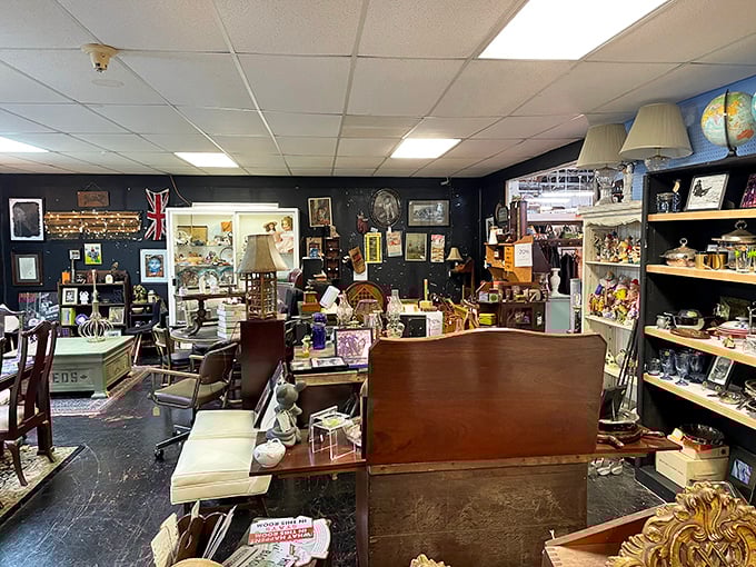 Dark walls make the perfect backdrop for this eclectic collection. That Union Jack flag hints at treasures from across the pond among the distinctly American finds.
