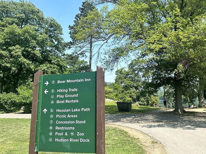 The Swiss Army knife of park signs. Whatever adventure you're seeking, this helpful green board points the way—bathroom directions included, thankfully.
