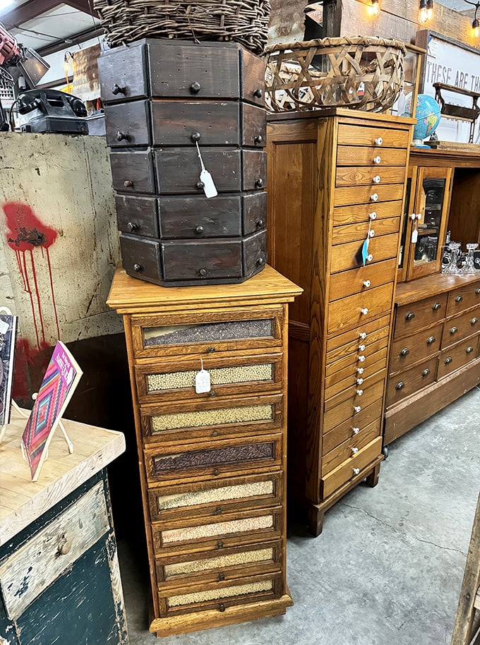 These wooden storage cabinets with their perfectly worn patina tell stories of workshops past—organizational systems before there were apps for that.