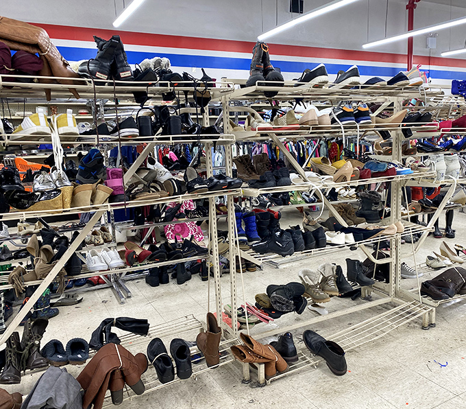 The footwear department—a veritable United Nations of shoes where Italian leather loafers mingle with practical boots and forgotten fashion statements.