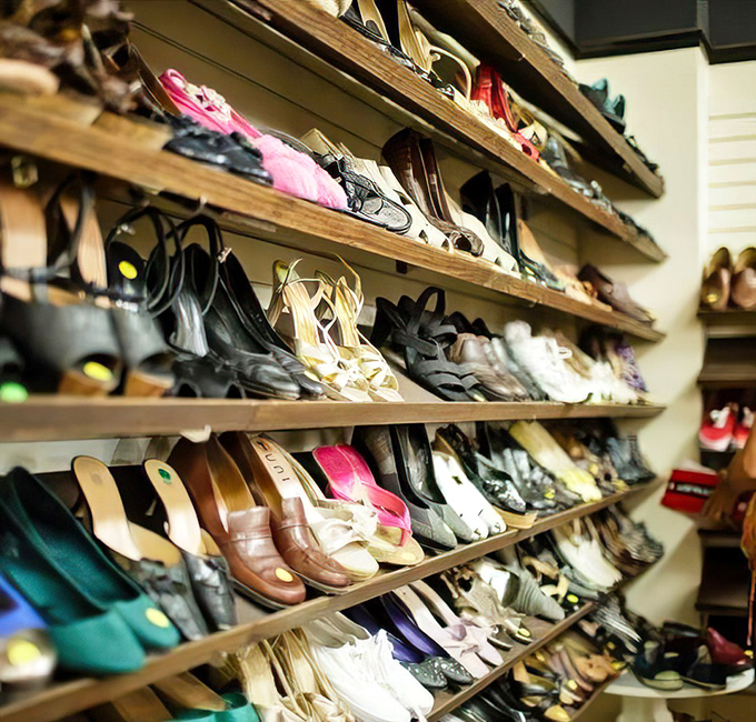 Shoe heaven stretches before you – rows of potential glass slippers waiting for their Cinderellas, or at least someone heading to brunch.