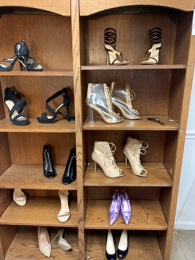 The shoe display—where Cinderella's glass slipper might be hiding among practical flats and glamorous heels waiting for their next dance.