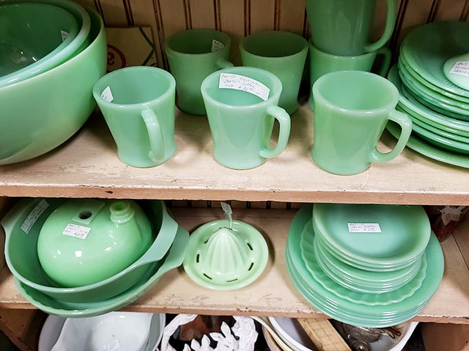 Jadeite dishware glowing like kryptonite for collectors. Martha Stewart would clear her calendar and drive across three states for this minty motherlode.
