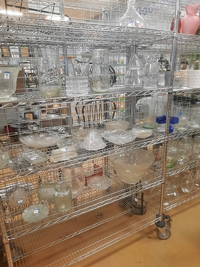 Crystal and glassware that survived decades of dinner parties now sparkle under fluorescent lights, waiting to elevate your next gathering without breaking the bank.