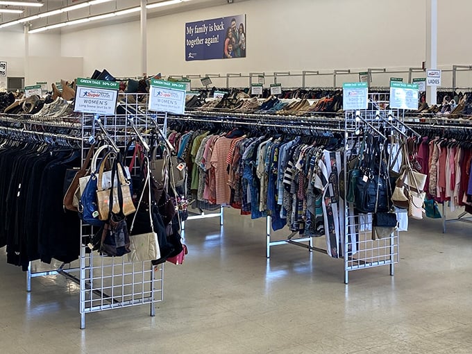 Rack after colorful rack of clothing possibilities—where your next favorite outfit is hiding between a 1980s windbreaker and someone's former bridesmaid dress.