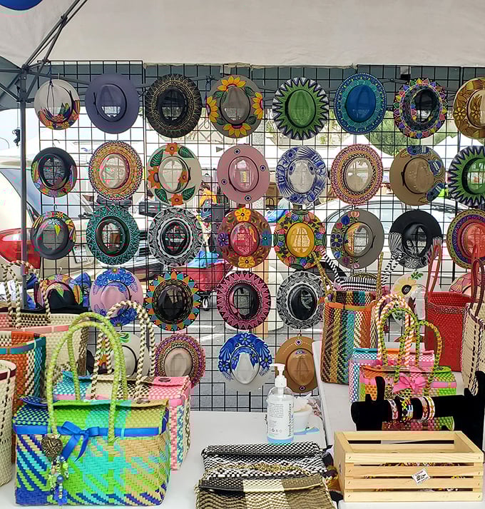 A rainbow of handcrafted hats and woven bags brings vibrant Mexican artistry to Orange County. Cultural treasures at flea market prices!