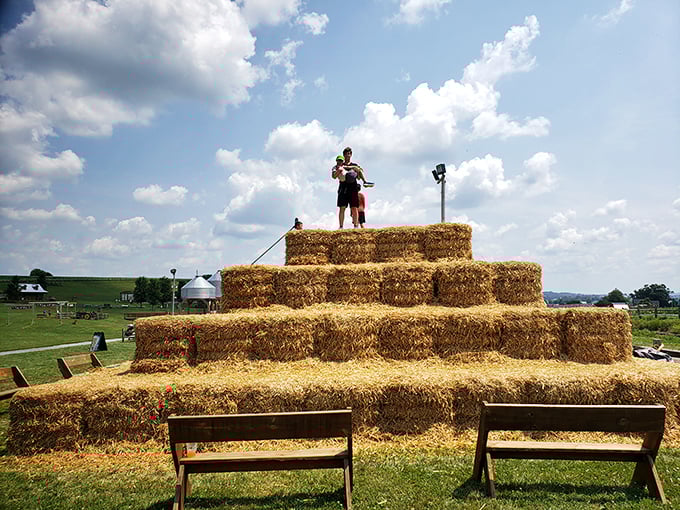King of the hay mountain! These straw bale pyramids offer the perfect backdrop for family photos that'll actually make it into frames.