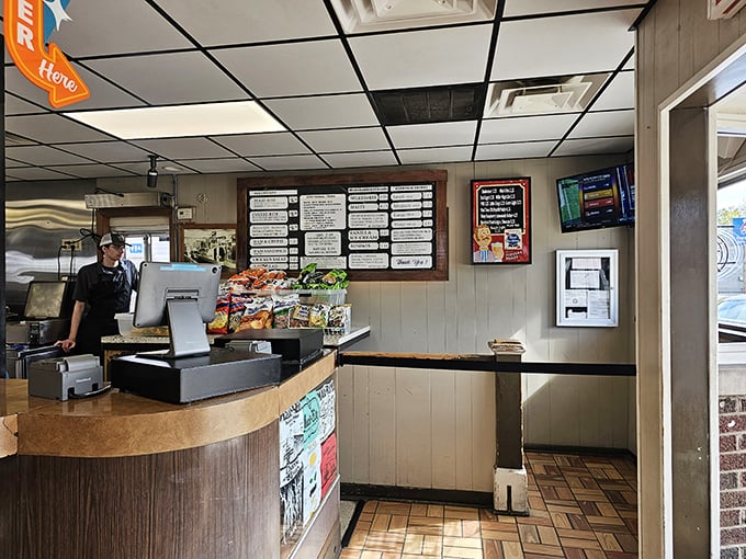 The counter where magic happens—where sandwiches are assembled and milkshakes are born into their brief but joyful existence.