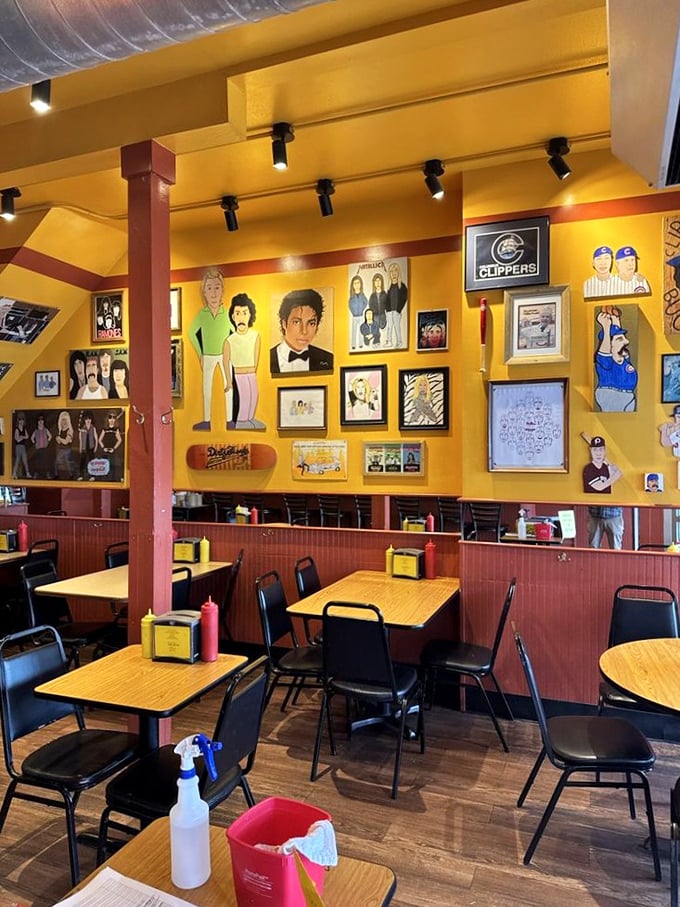 Yellow walls that could cure seasonal depression and art that tells stories—this isn't just dining, it's therapy with condiments.