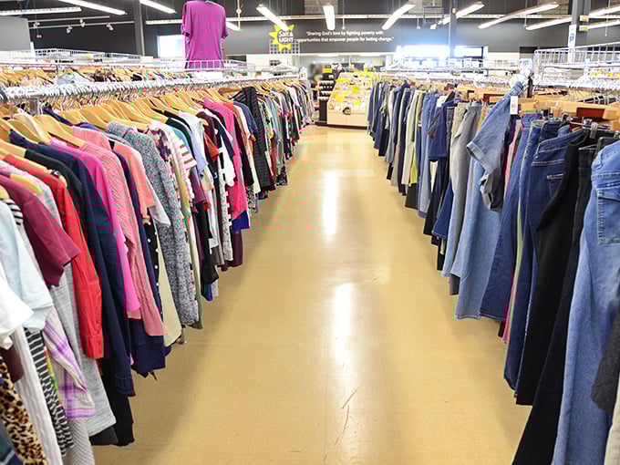 The wide, well-lit aisles invite leisurely browsing, unlike the cramped, musty maze that haunts the reputation of lesser thrift stores.