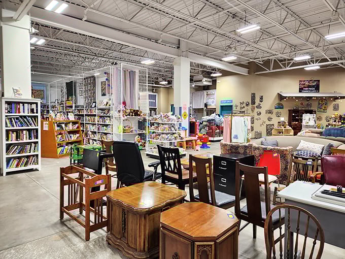 Books, furniture, and forgotten treasures coexist in this corner of curiosities, where one person's decluttering becomes another's decorating inspiration.