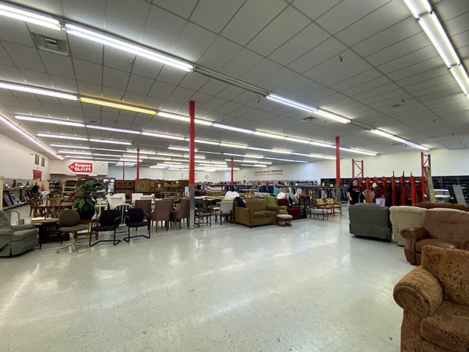 The thrift store landscape stretches to the horizon—red support columns standing like sentinels in this treasure-filled warehouse.
