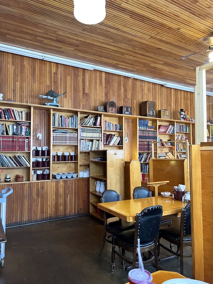 The bookshelves aren't just decoration—they're an invitation to linger, to read, to remember when breakfast wasn't something you scrolled through on your phone.