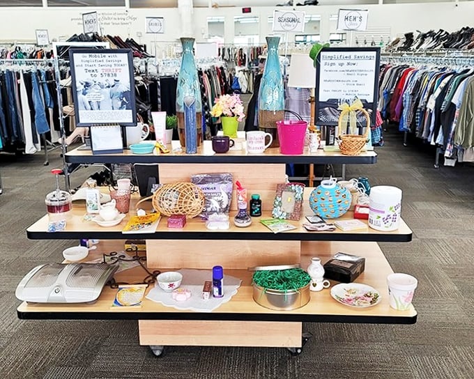 A thoughtfully arranged display table showcases the day's featured finds – like a museum of everyday treasures curated with surprising care.