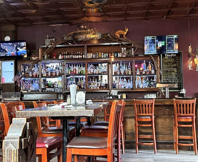 The bar at National Mechanics – where spirits meet spirits of Philadelphia past. That impressive bottle collection could tell some stories.