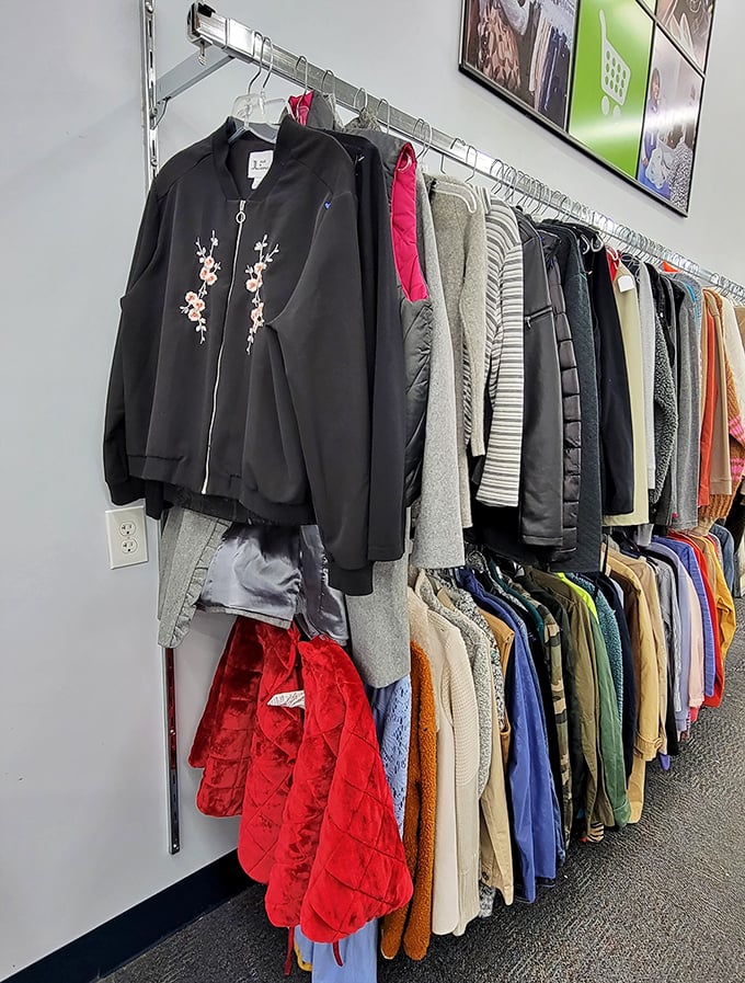 The jacket jackpot—that embroidered bomber would cost a fortune new. Here, it's priced less than two movie tickets.