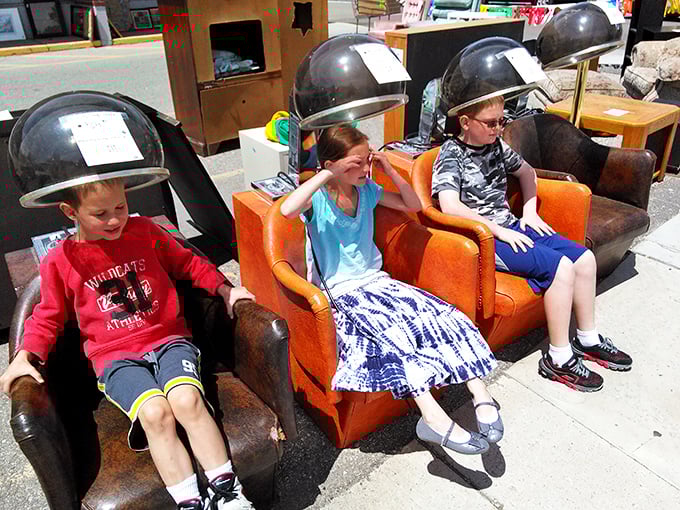 Vintage salon hair dryers transformed into kid-sized thrones. Who knew secondhand shopping could be this much fun for the whole family?