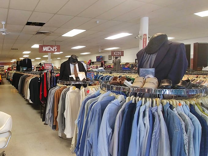 Men's fashion that spans decades—where vintage suits hang alongside casual wear, waiting for their "before and after" moment.